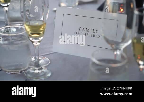 The wedding reception table is elegantly arranged, featuring a sign for ...