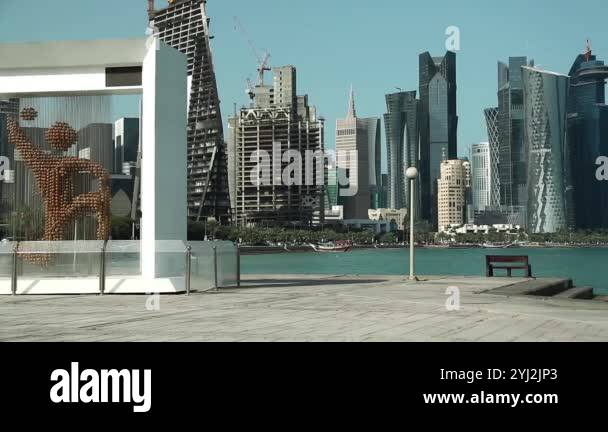QATAR, DOHA, MARCH 20, 2018: Art object near Corniche road and financial centre in Doha city ...