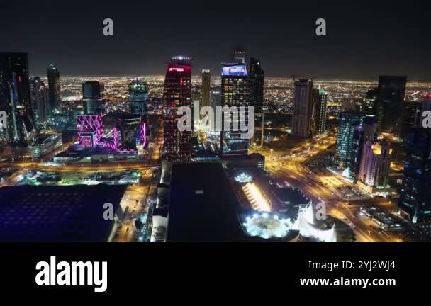 QATAR, DOHA, MARCH 20, 2018: 8K night rooftop cityscape panorama ...