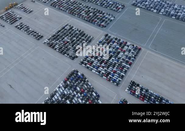 New Cars on Large Half Empty Parking Lot in Port Ready for Distribution ...