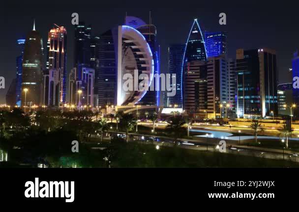 QATAR, DOHA, MARCH 20, 2018: 8K night timelapse of road traffic at ...