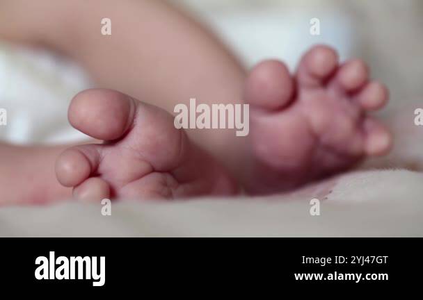 Feet of newborn baby. Funny little feet of neonatal three weeks old ...