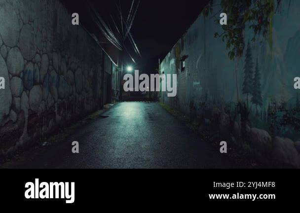 A dimly lit alleyway at night, featuring weathered walls and a ...