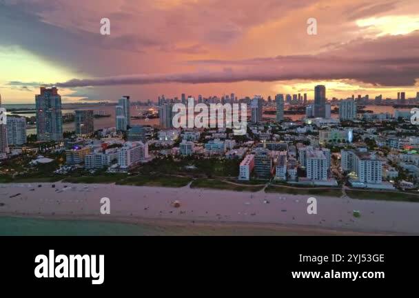 Miami city aerial view night skyline panorama with urban skyscrapers ...