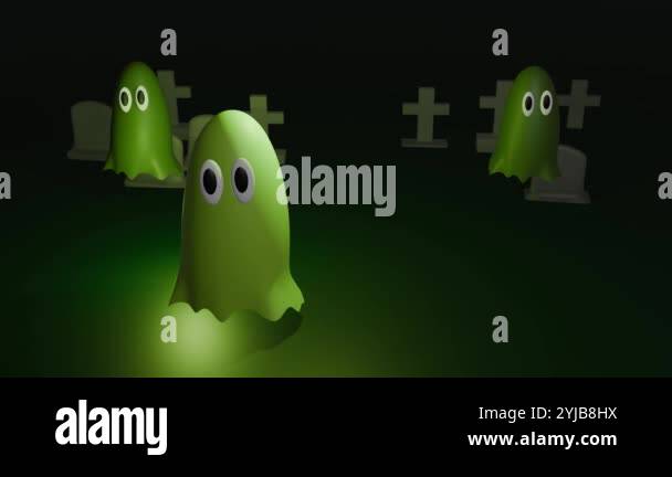 Green ghosts floating in foggy graveyard space three dimension 4k ...