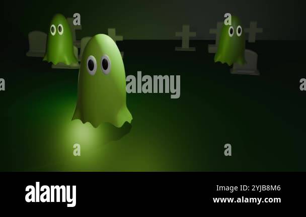 Green ghosts floating in foggy graveyard space three dimension 4k ...