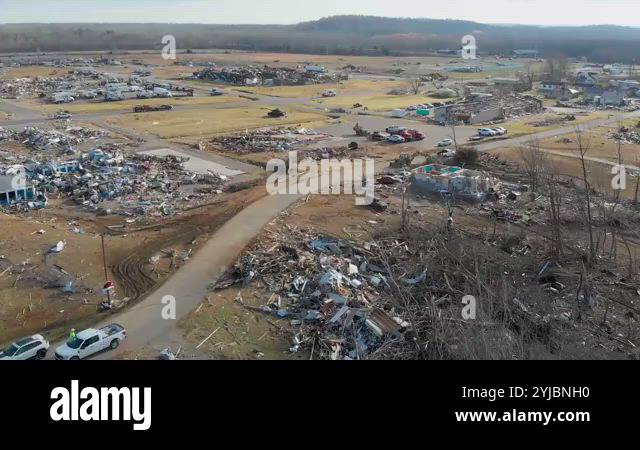 2021 - aerial of tornado damage and the shocking destruction of a factory in the town of Dawson ...