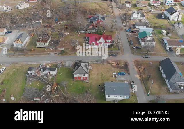 2021 - aerial of tornado damage and the shocking destruction of the town of Dawson Springs ...