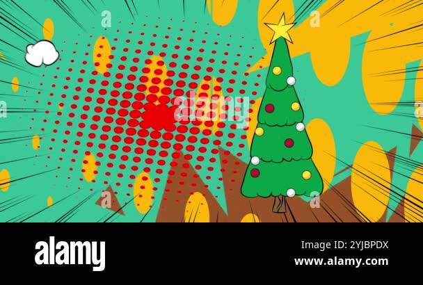 Cartoon Christmas decorated pine tree animation, comic book celebration ...