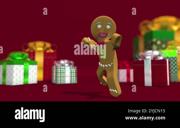 Happy dancing Gingerbread man on red surface against defocused gift ...
