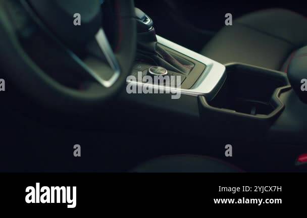 Close up of car interior gearbox gear shift, transmission control panel ...