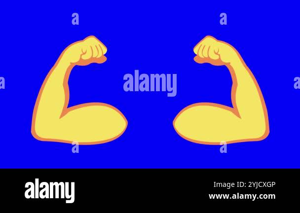 video animation yellow arms showing the bicep muscle, on a bue chroma ...