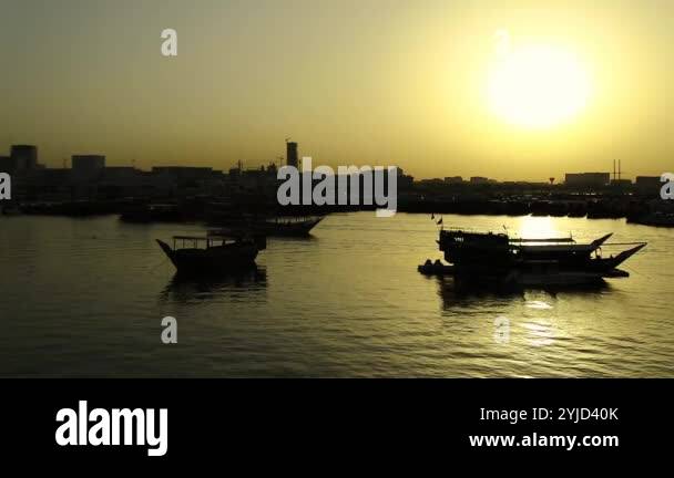Panorama view of harbour at evening in old town of Doha city, Qatar ...