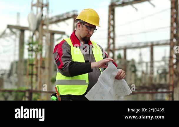 Worker with scheme of works on power station. Power man with ...