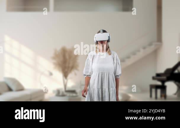 Excited girl wearing VR in living room connect meta surround fantasy ...