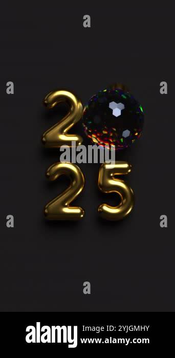 2025 New Year sign with rotating ball. 3d metallic golden numbers and ...