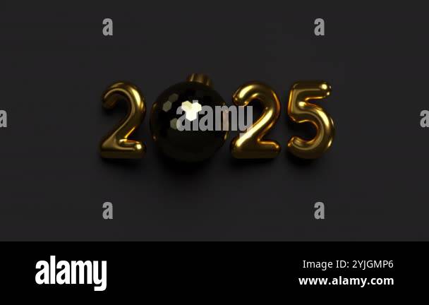 2025 New Year sign with rotating ball. 3d metallic golden with black ...