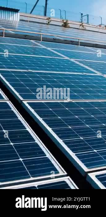 Photovoltaic panels at sunlight. Modern solar farm with blue sunny ...