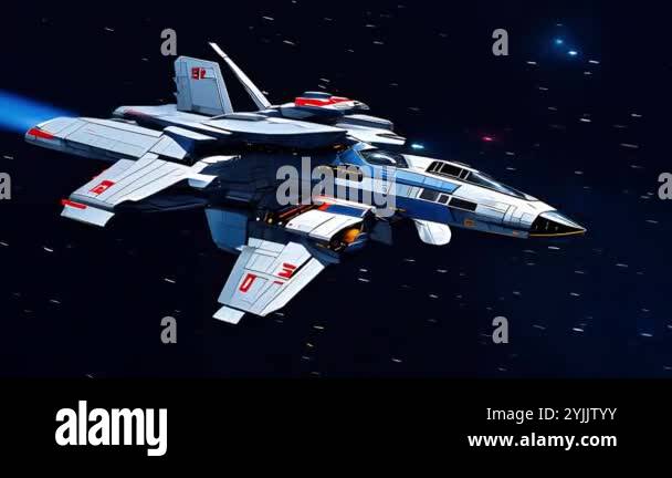 Sleek futuristic spaceship, white and red color scheme, blue engine ...