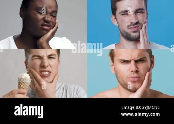 Four individuals express discomfort, each holding their jaw in a ...