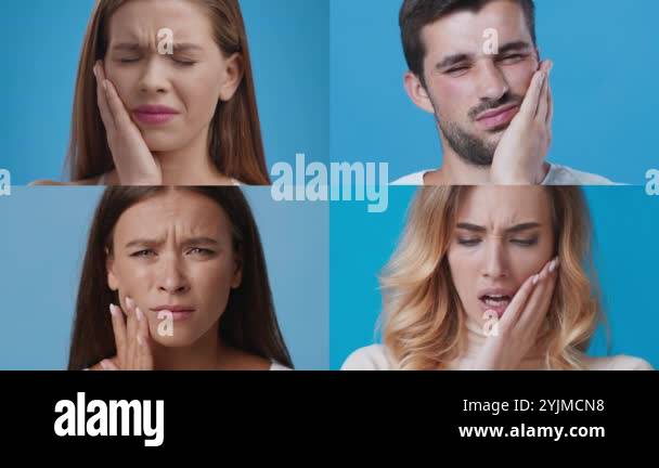 Four people display various facial expressions of pain and discomfort ...
