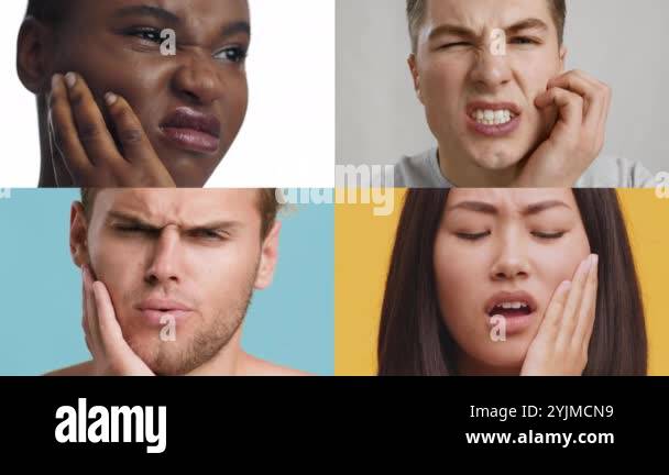 Four individuals show various expressions of discomfort, likely due to ...