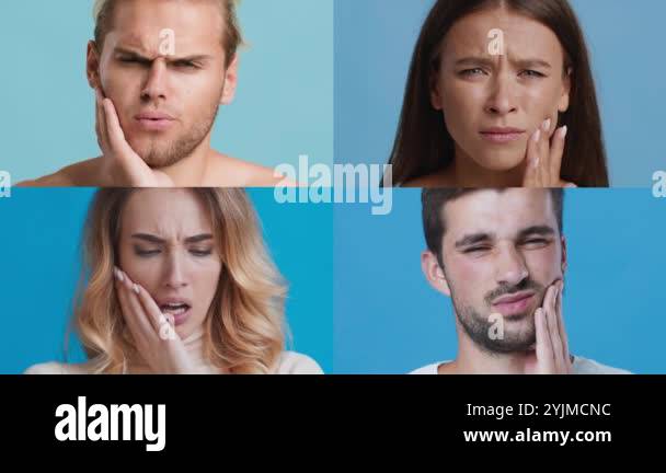 Four individuals display various facial expressions of discomfort, each ...