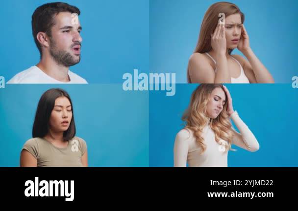 Four individuals express a range of emotions in front of a solid blue ...