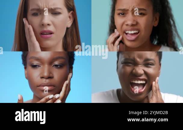 Four women convey different expressions of discomfort while touching ...