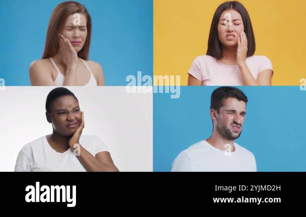 Four individuals show expressions of pain and discomfort while holding ...