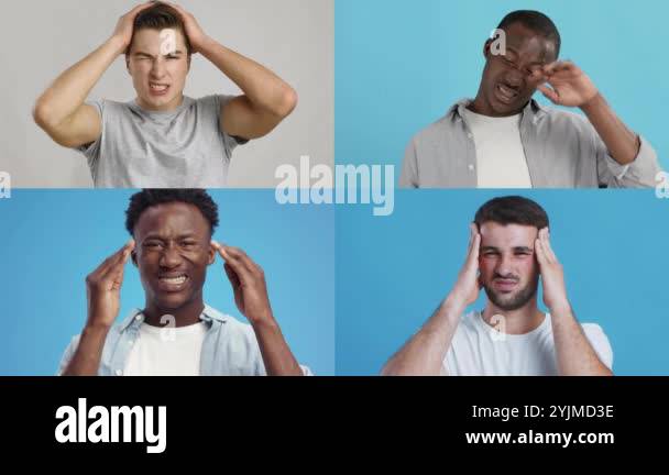 Four men demonstrate expressions of distress, each holding their heads ...