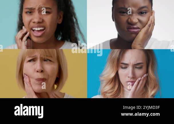 Four individuals display various expressions of dental pain while ...