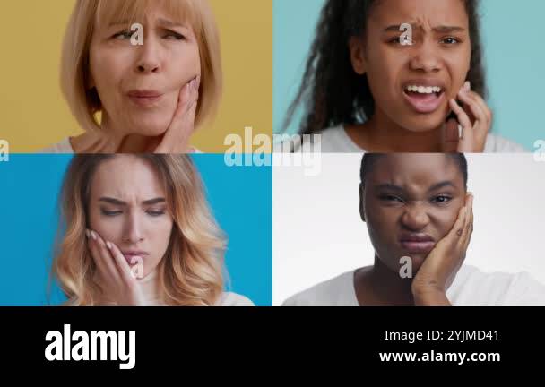 Four people of diverse backgrounds show facial expressions of ...