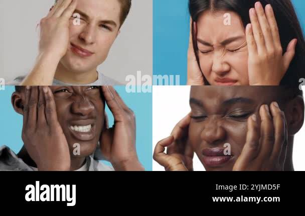 Four individuals show expressions of discomfort, each holding their ...