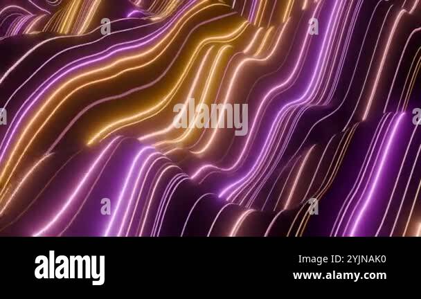 Looped background with abstract striped waves and bright neon lines on a shiny surface with glow ...