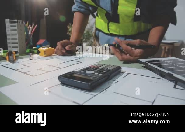 engineer working at the table with laptop computer, calculator and ...