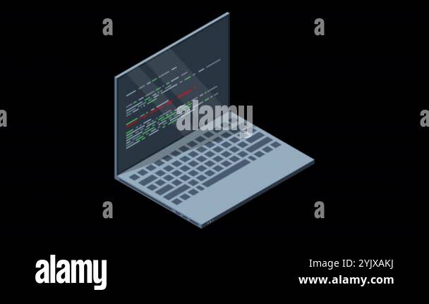 Isometric laptop with program code on screen animation. Programming ...