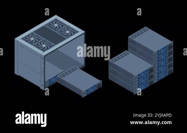 Isometric server animation. Server racks. Server boxes isolated ...