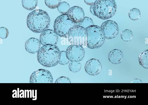Mesmerizing 3D animation of translucent water bubbles floating on blue background. Smooth ...
