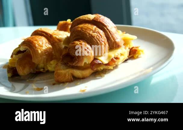 Croissant with jamon ham, Salmon, in Modern Cafe, Top View of Healthy ...