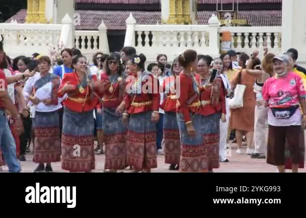 Local thai people join parade attend procession ritual give offering to ...