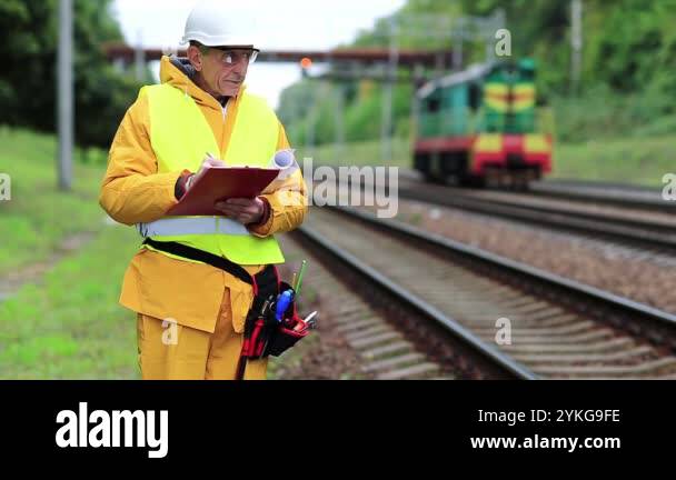 Railway worker in yellow uniform with documents. Inspector of railway ...
