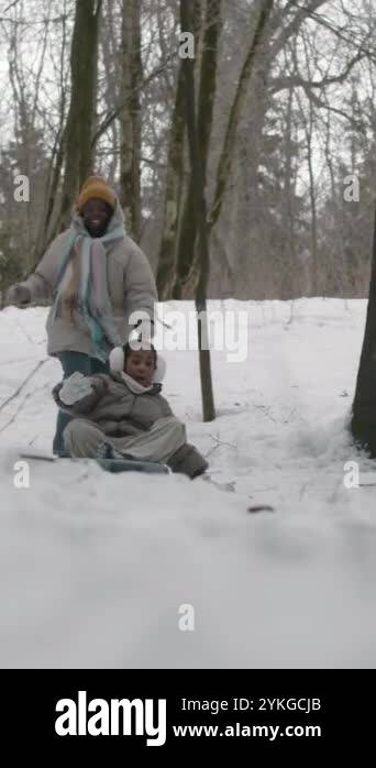 Vertical view of smiling gen alpha child sliding down forest path on snow sled, young mother ...