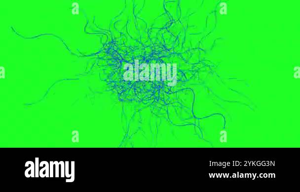 Abstract blue strings create a complex pattern against a bright green ...