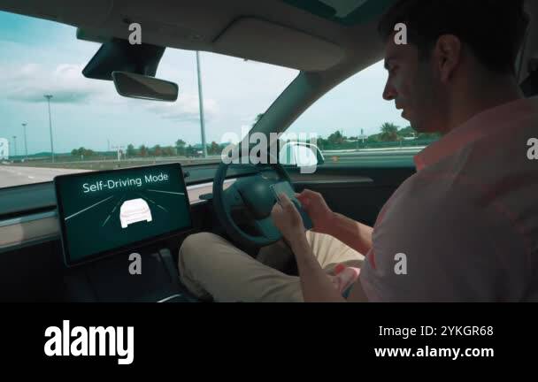 Self driving car or autonomous vehicle travel on speed highway with ...