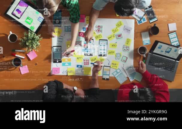 Top down view of software developer using mind map brainstorm about coding engineering prompt ...