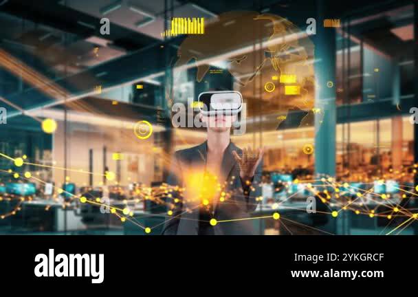 Businesswoman searching finance data dynamic world shape monitor by VR future global market ...