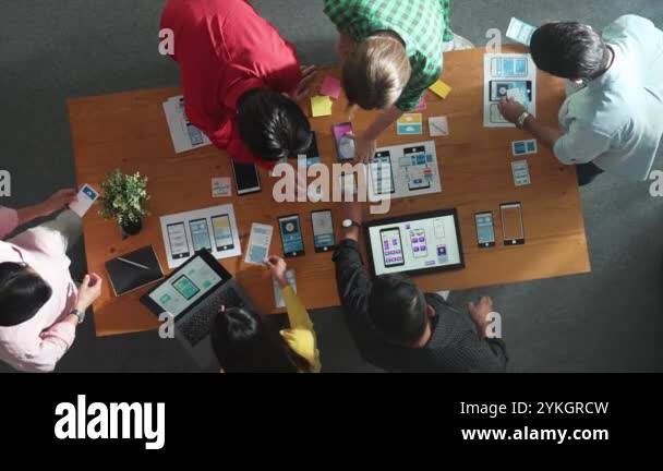 Top view of smart software developer planning software development. Skilled programmer team ...