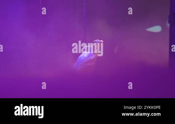 A girl performs an aerial act on stage using a bungee prop, showcasing ...