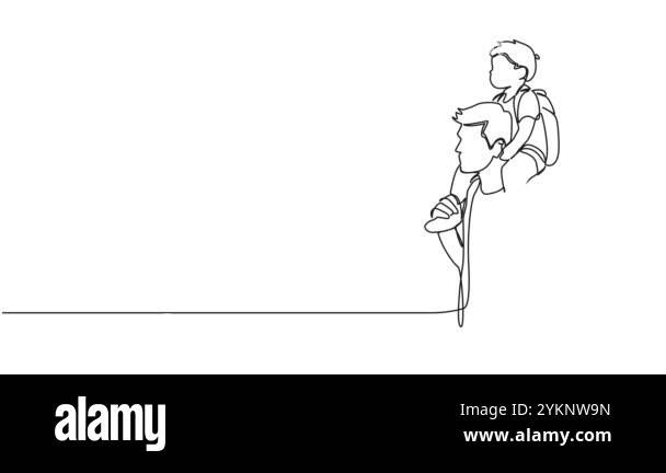 animated continuous single line drawing of father carrying child on his ...